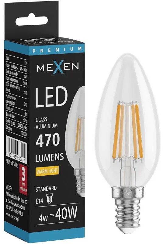 Mexen Vintis LED žárovka filament E14, C35, 4W, Teplá - 2700K, 470 lm, čirá - L154-E14-0427-00