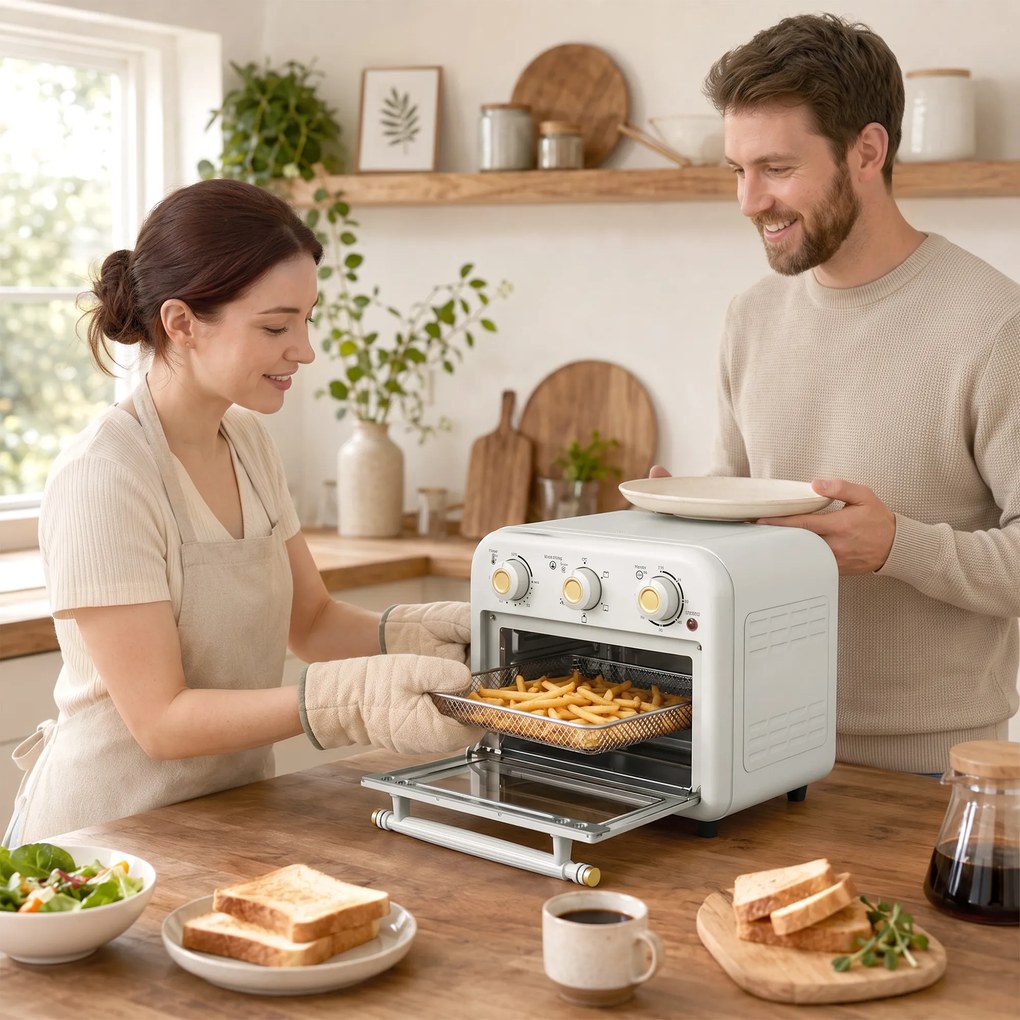 HOMCOM Horkovzdušná fritéza 12 litrů mini trouba s ventilátorem, 5 programů, plech a koš na smažení, 1200 W, vhodná do myčky
