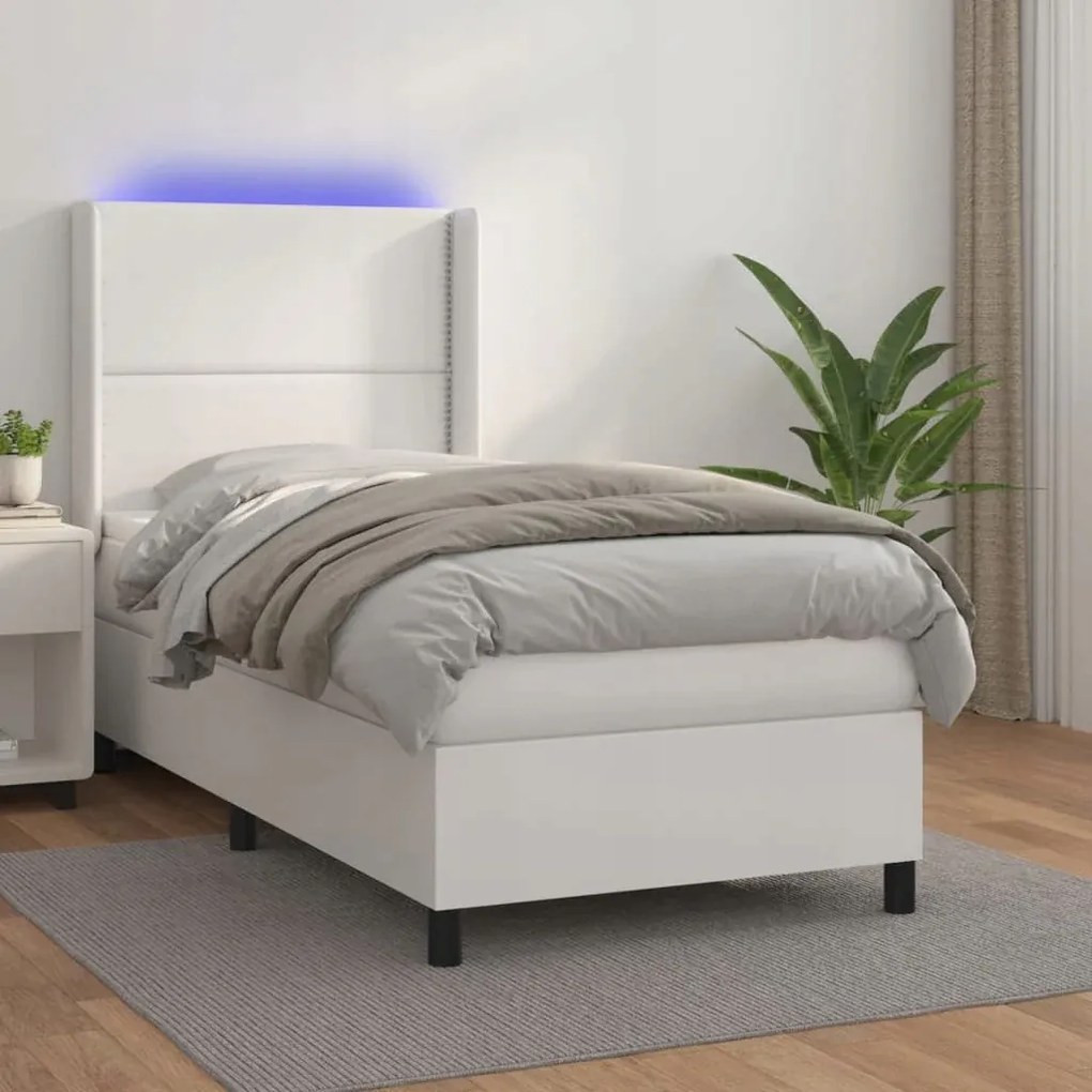Box Spring Postel S Matrací A Led Umělá Kůže Bílá Hladké s hřebíky 100 x