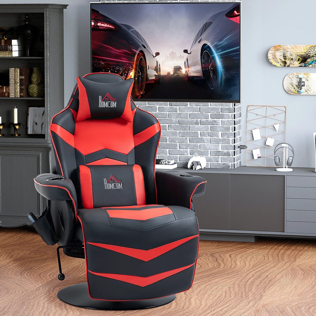 HOMCOM polohovací křeslo s masážní funkcí, ergonomické, lounge křeslo s vysokým opěradlem, polštářem, držákem na nápoje, TV křeslo, imitace kůže