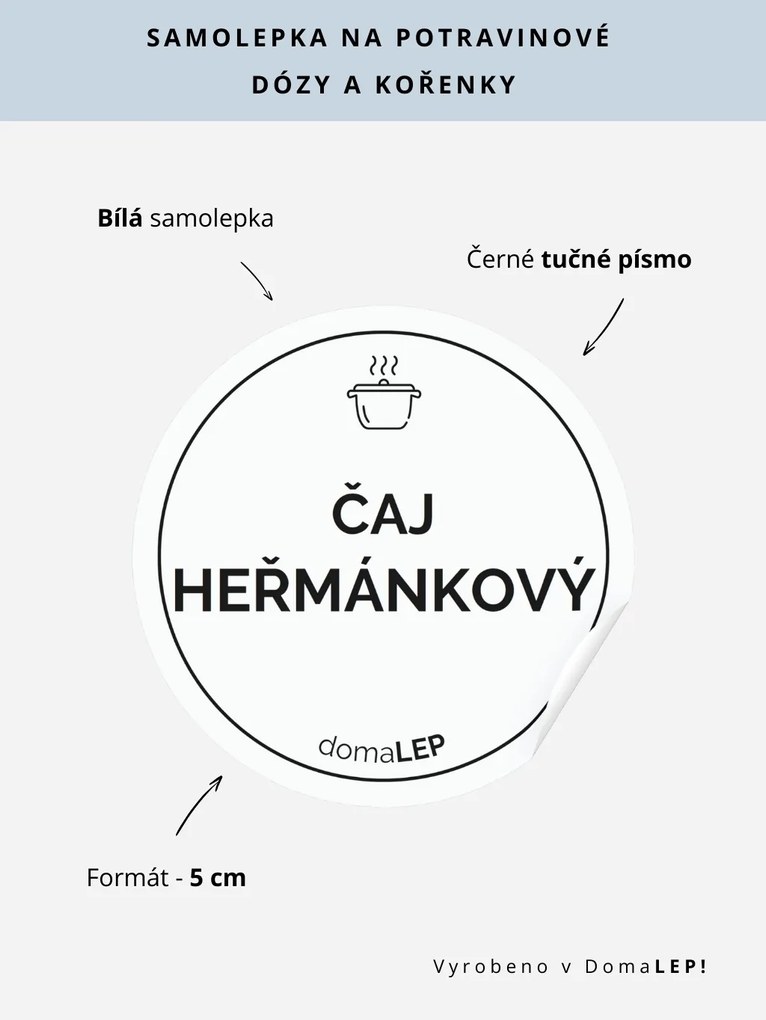 ČAJ HEŘMÁNKOVÝ – bílá samolepka na dózu, tučné písmo, 5 cm | DomaLEP