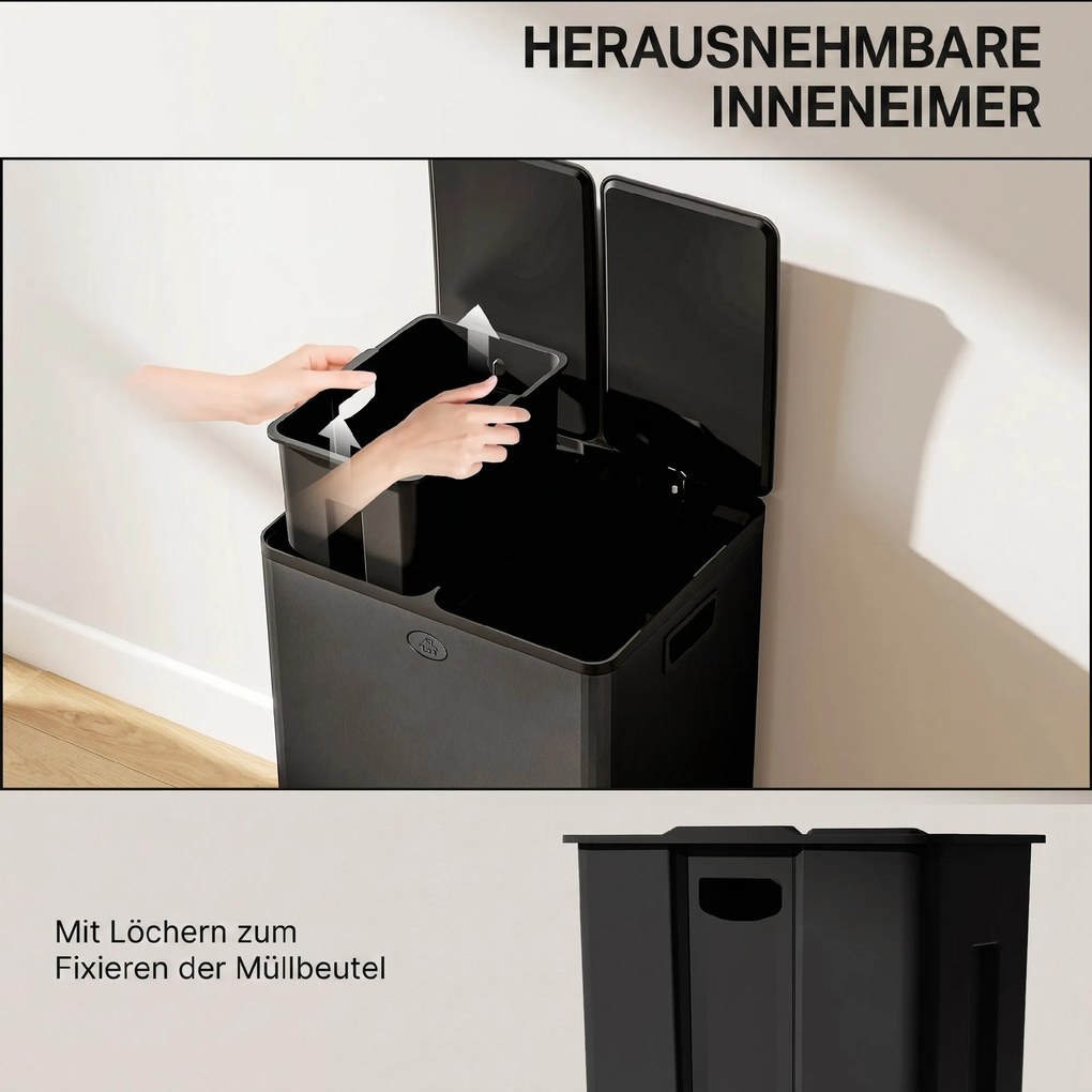 HOMCOM pedálový odpadkový koš se 2 přihrádkami (2×28 l), nerez, vyjímatelné kbelíky, tlumené zavírání, odolný proti otiskům, černý