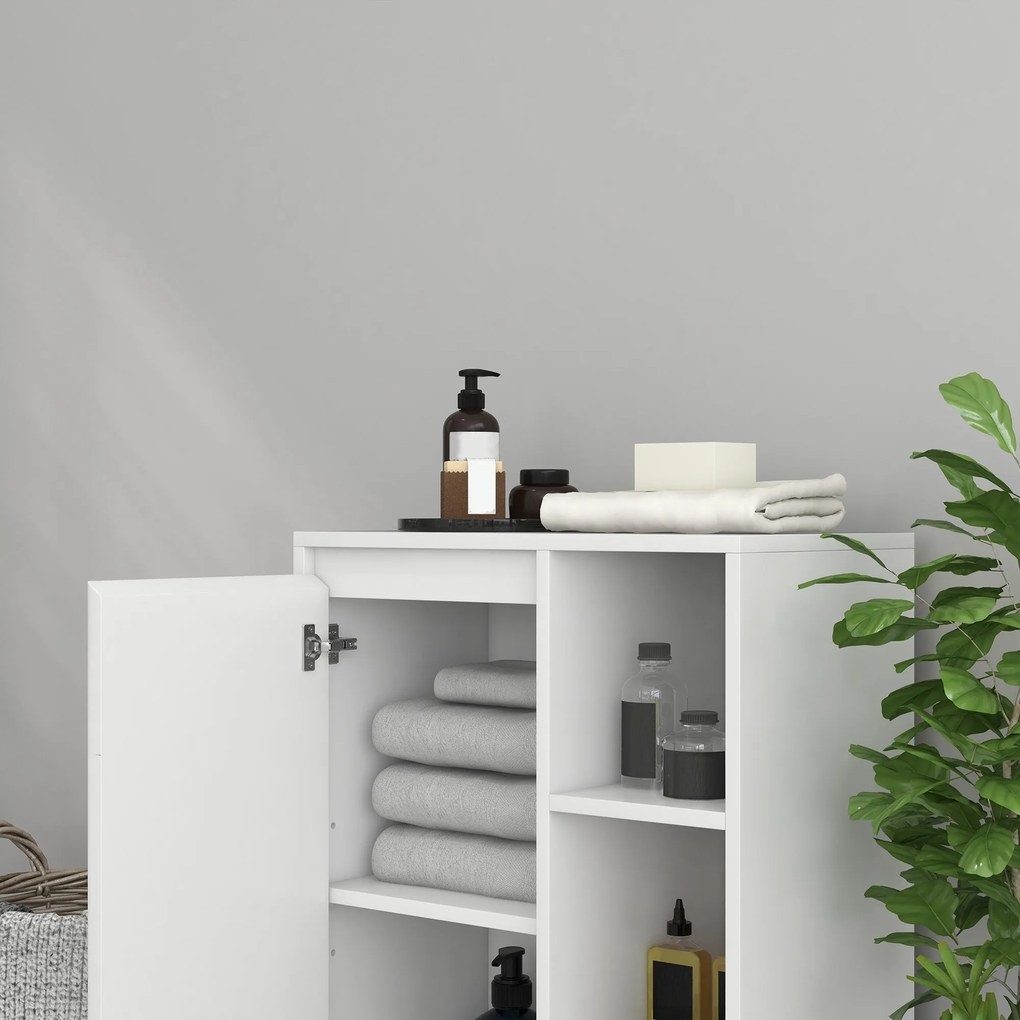 Koupelnová skříň HOMCOM, úložný nábytek se 3 otevřenými přihrádkami a 1 skříňkou s nastavitelnou policí, 53 x 30 x 80 cm, bílá
