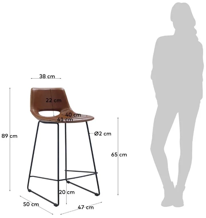 Koňakově hnědá koženková barová židle Kave Home Zahara 65 cm