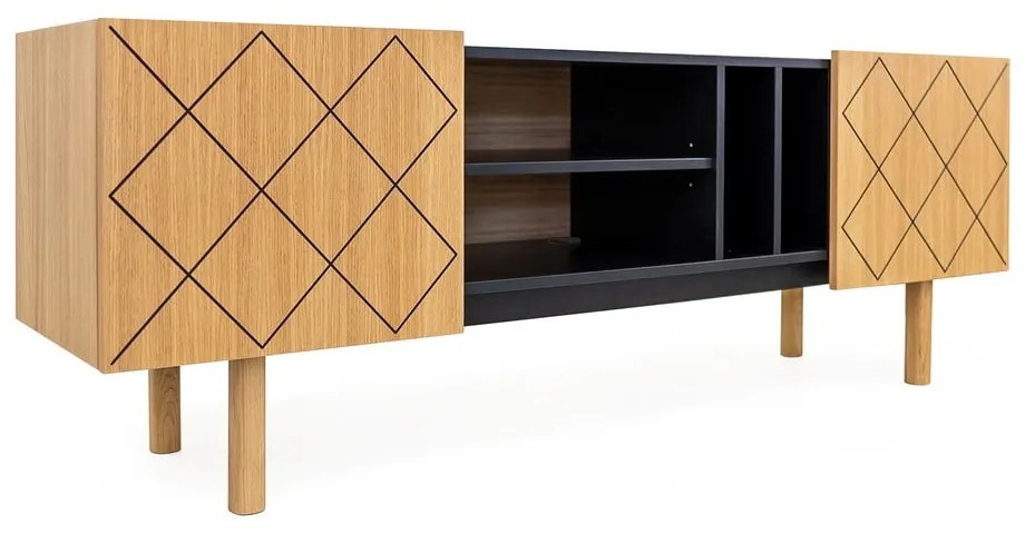 Černý/přírodní TV stolek v dekoru dubu 175x60 cm Porto – Woodman