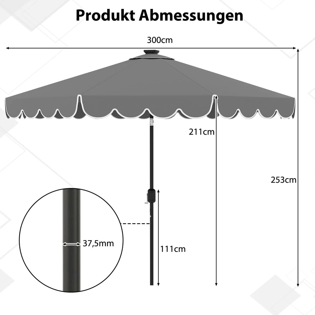 Costway Slunečník 300 cm s LED osvětlením, s klikou a volánem, lze ohnout o 35°
