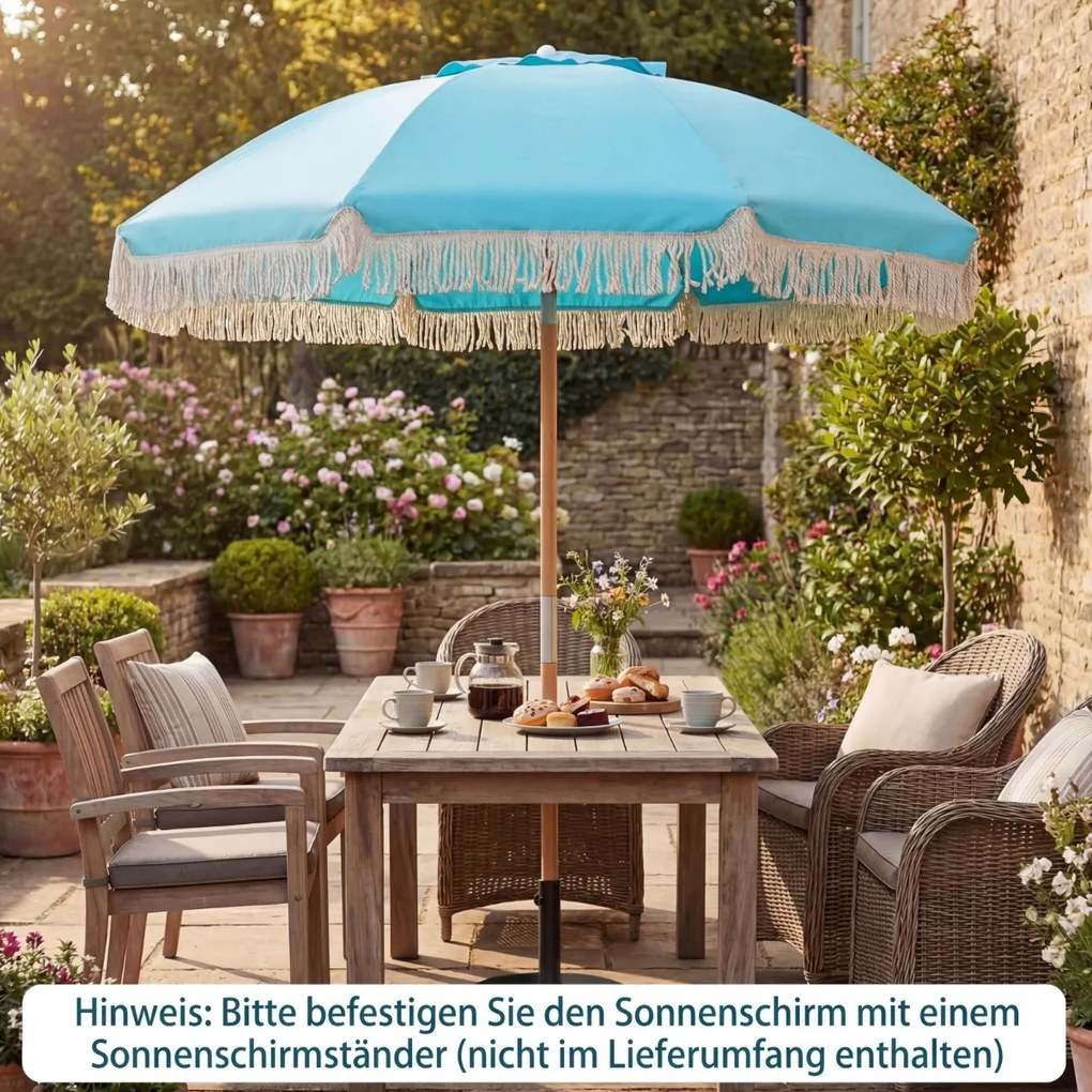 Costway Boho slunečník lze ohnout o 30° na obě strany 170 cm s třásněmi, modrý