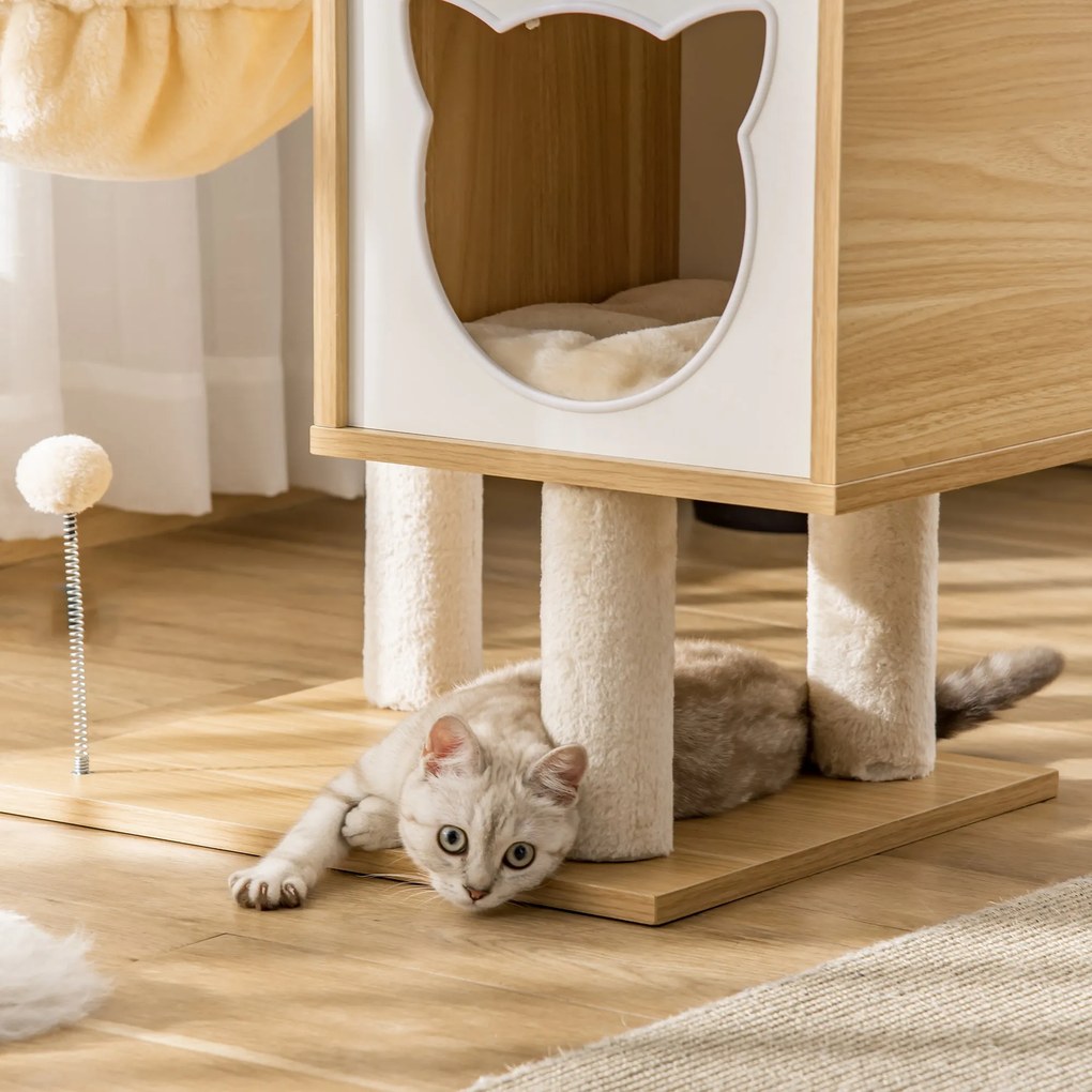 PawHut Kočičí Škrabací Strom s Výškou Platfomy 126 cm - Lezecká Věž pro Kočky s Houpacím Sítem, Domkem, Postelí, Sisalovými Sloupy a Hračkami 48x40x1…