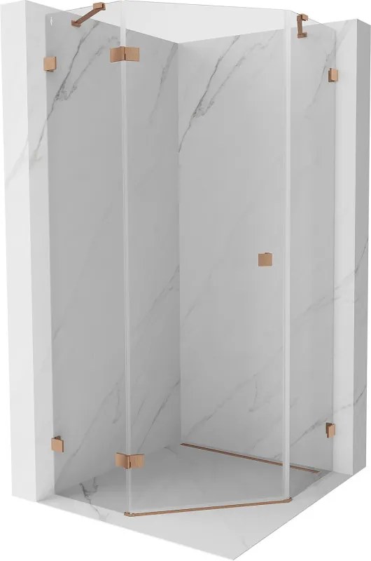 Mexen Lunar, pětiúhelníkový sprchový kout s levým sklonem 80 x 80 cm, 8mm čiré sklo, profil měděná matná, 831-080L-080P-65-00-L