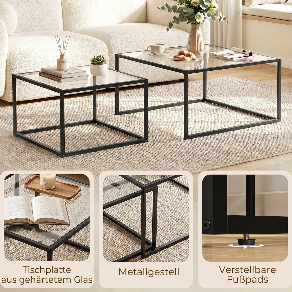HOMCOM 2dílné čtvercové skládané konferenční stolky s tvrzeným sklem a kovovým rámem, černé — velký 75 x 42 cm; malý 65 x 36 cm