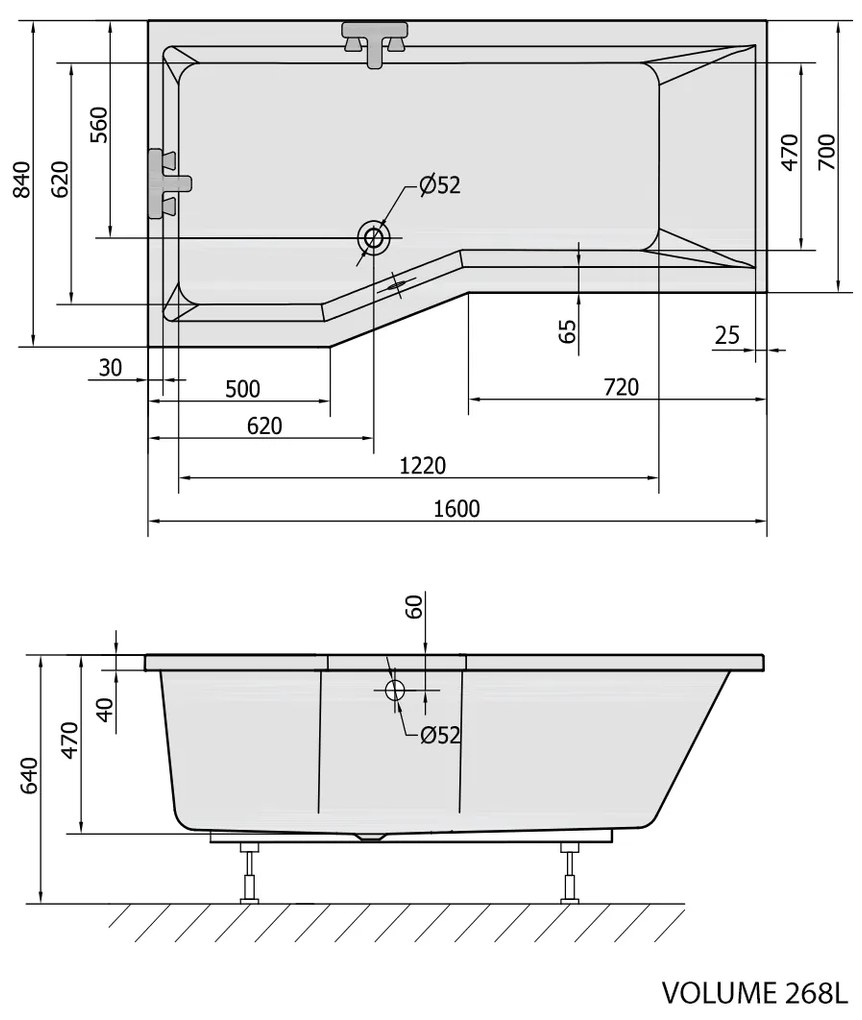 Polysan VERSYS L asymetrická vana 160x84x70x47cm, bílá 14611