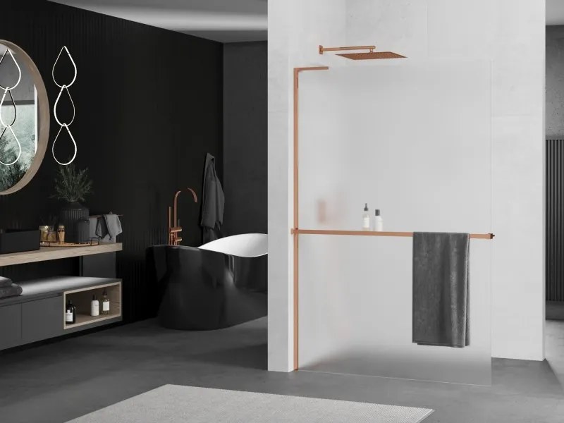 Mexen Kioto+ L, sprchová zástěna Walk-In s poličkou a věšákem 110 x 200 cm, 8mm sklo námraza, růžové zlato profil, 800-110-123-60-30