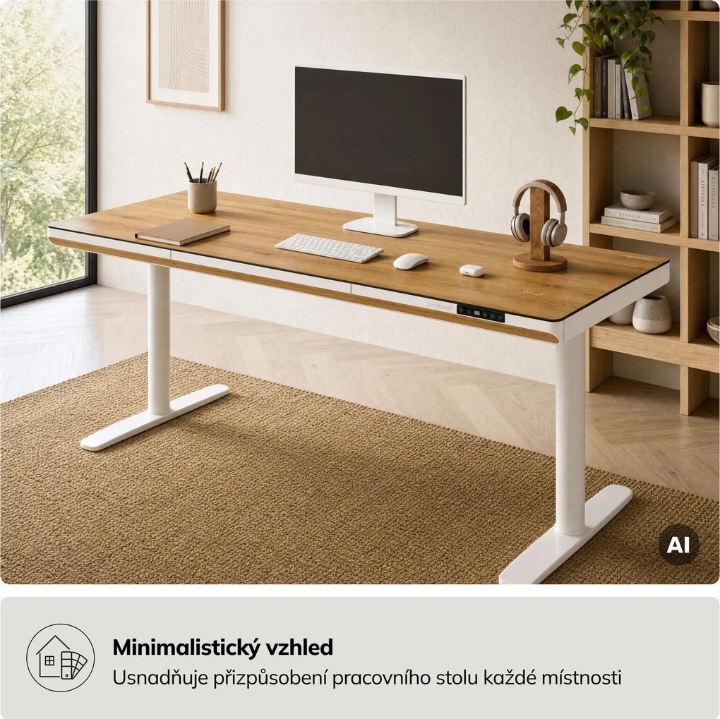 Elektrický psací stůl sit-stand se zásuvkou a bezdrátovou nabíječkou Qi bílý/zlatý dub, 1600 mm: ELLIS