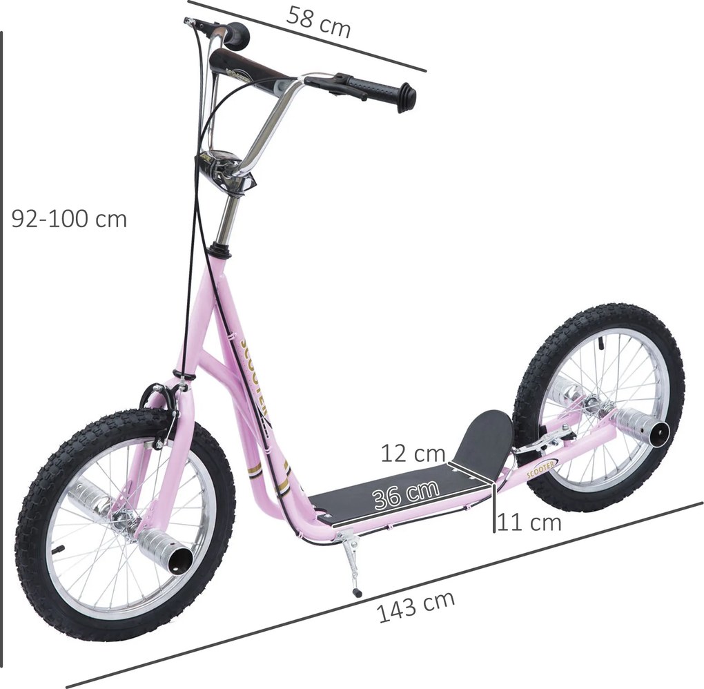 Dětská koloběžka HOMCOM 16" s pneumatikami, výškově nastavitelná koloběžka v růžové barvě pro děti od 5 let, stabilní a bezpečná | Aosom.de