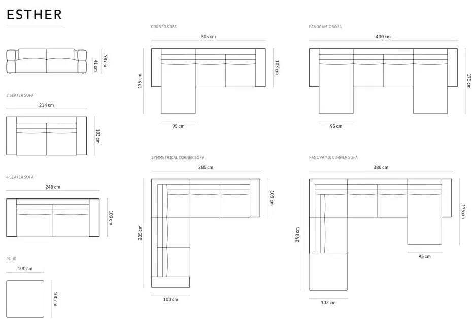 Černá rohová pohovka do "U", levý roh Esther – Milo Casa