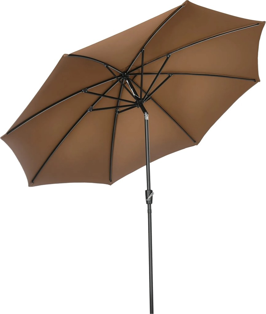 Zahradní slunečník Outsunny Ø300x252 cm s kličkou, nakloněnou střechou a 8 kovovými žebry pro venkovní použití hnědý | Aosom
