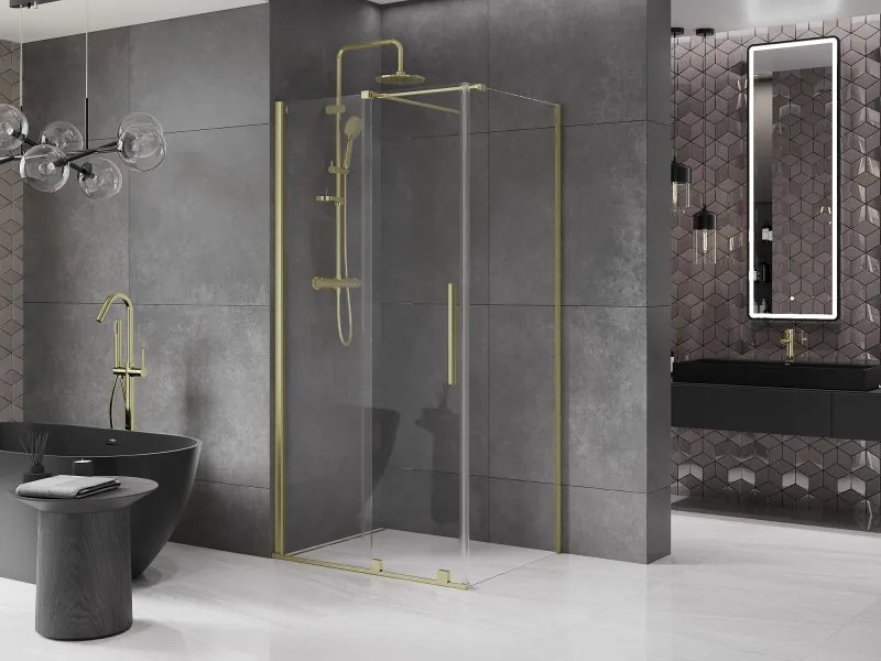 Mexen Velar, sprchový kout s posuvnými dveřmi 90(dveře) x 110(stěna) cm, 8mm čiré sklo, zlatá matná, 871-090-110-01-55