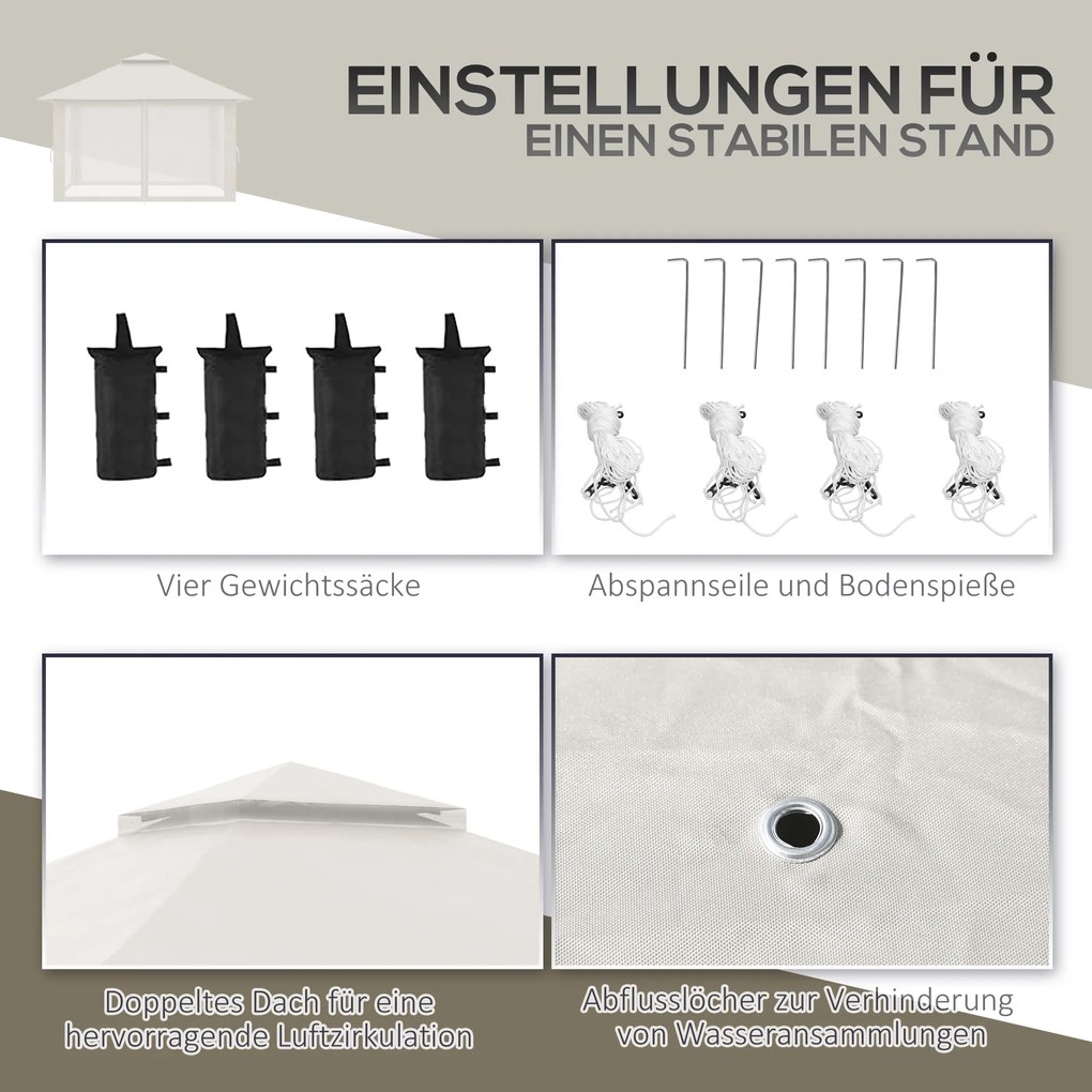 Skládací altán Outsunny 4x4 m se 4 síťovými závěsy, výškově nastavitelný, UV ochrana, dvojitá střecha, taška na přenášení, krémově bílý, pro zahradu …