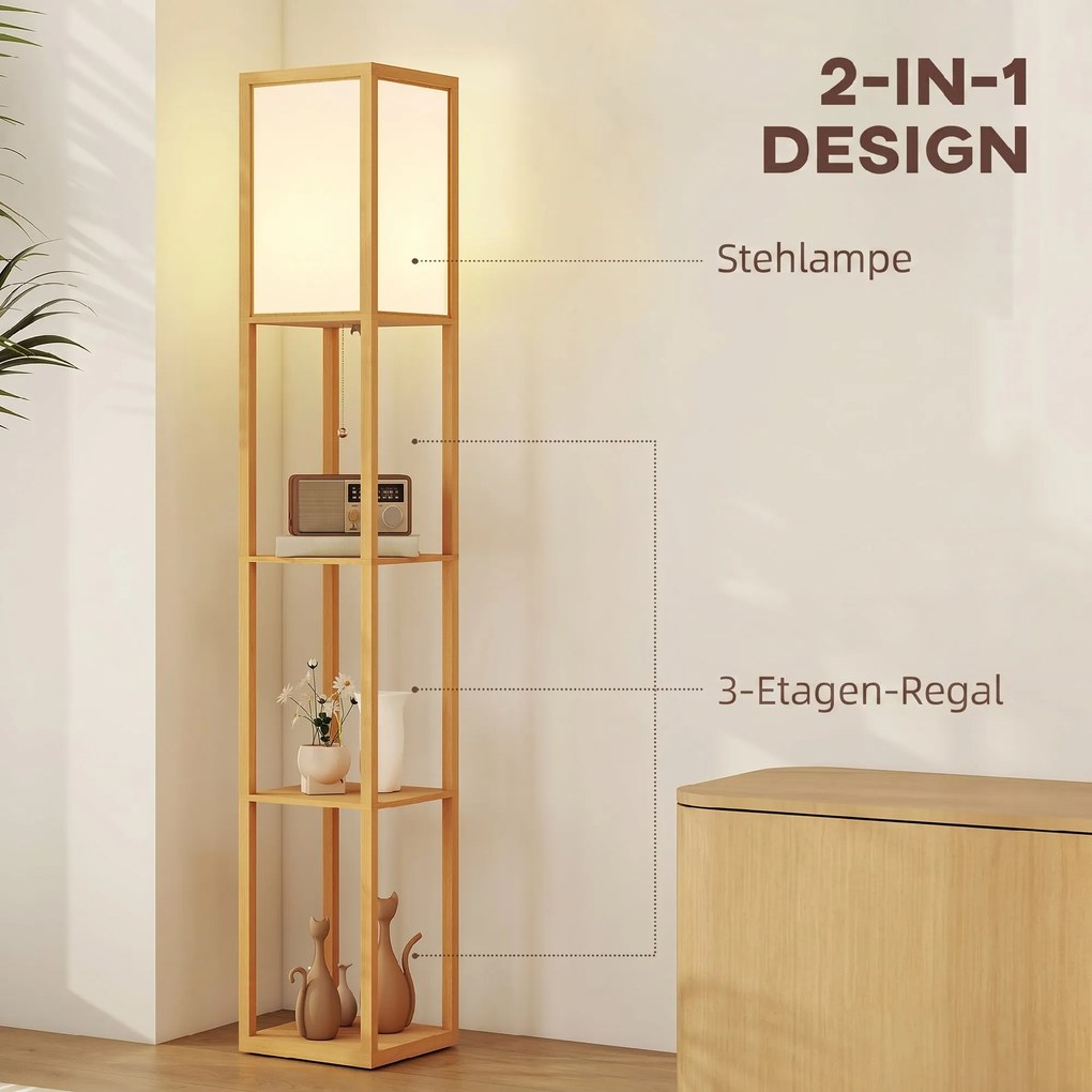 HOMCOM stojací lampa s 3 policemi, stojací svítidlo s objímkou E27, 26 x 160 cm, do obývacího/pokojového prostoru (Bez žárovky)