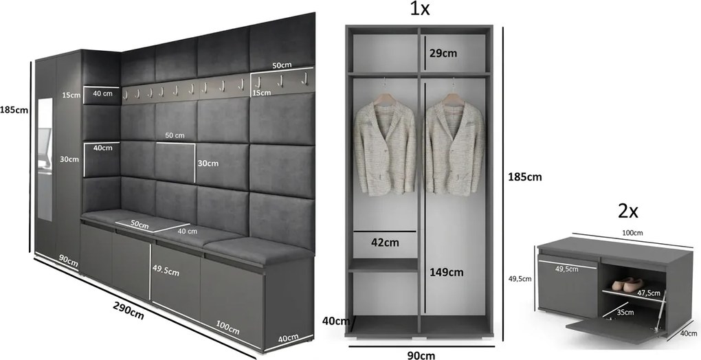 Předsíňová stěna Trinity 9 s čalouněnými panely, 290 cm, grafit/ světle růžová