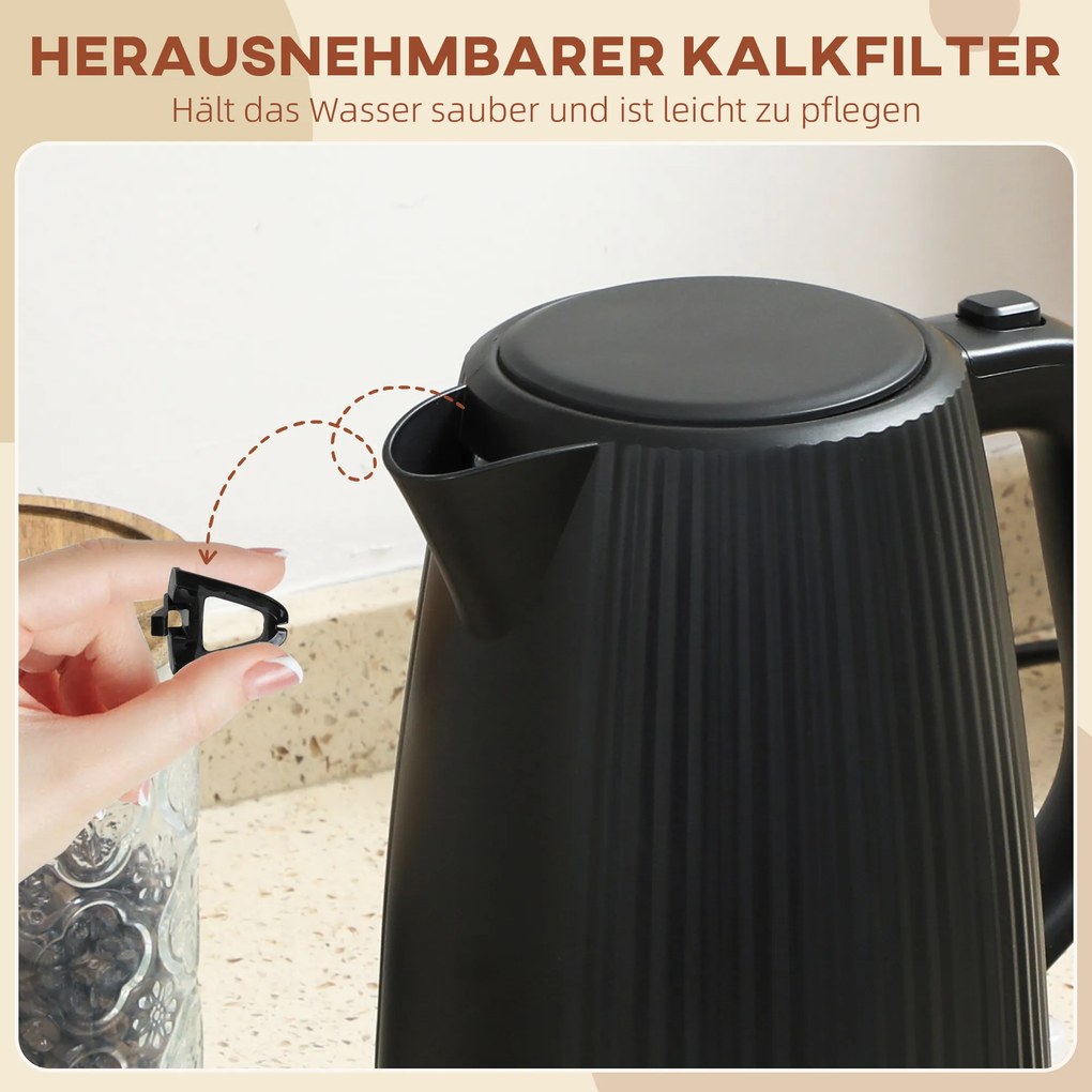 HOMCOM Elektrická konvice 1,7L, rychlovarná funkce, 2200W, s vyjímatelným filtrem proti vodnímu kameni, automatické vypnutí, Černá