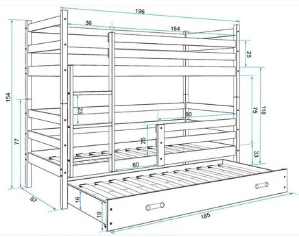 Dětská patrová postel s výsuvnou postelí ERYK 190x80 cm Bílá Bílá