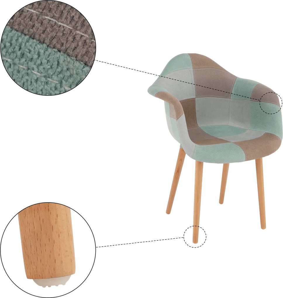Křeslo, látka patchwork mentol/hnědá/buk, KADIR NEW TYP 5