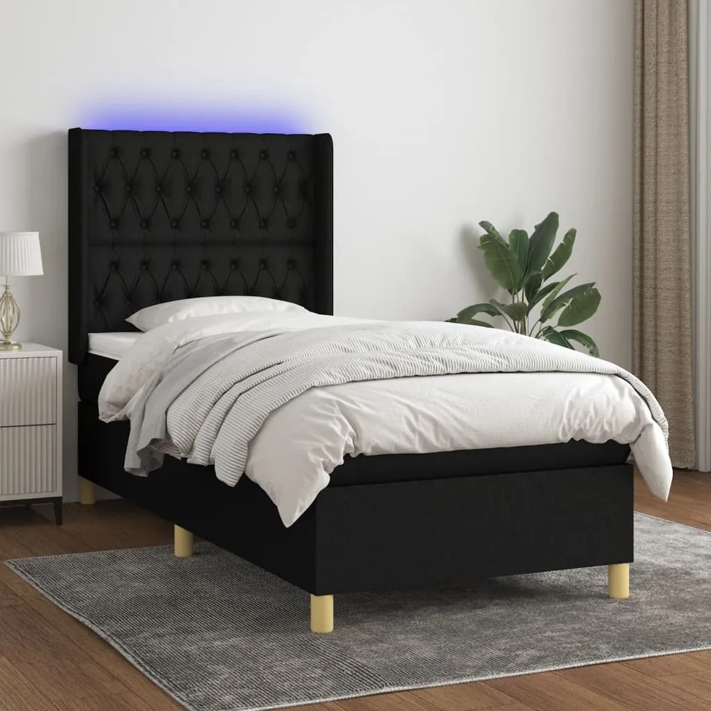 Box Spring Postel S Matrací A Led Černá Textil Černá Prošívaný design 100