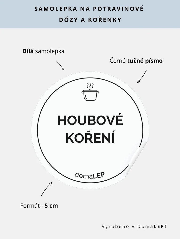 Samolepka na kořenky HOUBOVÉ KOŘENÍ bílá 5 cm tučné písmo