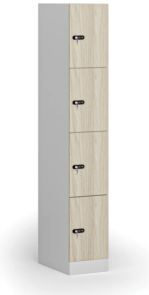Šatní skříňka S1 s úložnými boxy, 4 boxy, 1850 x 300 x 500 mm, demont, mechanický kódový zámek, laminované dveře, dub přírodní