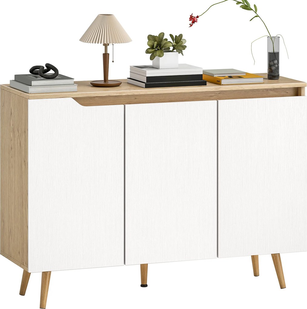 HOMCOM Komoda s 3 dvířky, 2 nastavitelnými policemi, 5 nohami z hevea, rustikální dub a bílá, 107 × 35 × 76,5 cm | Aosom