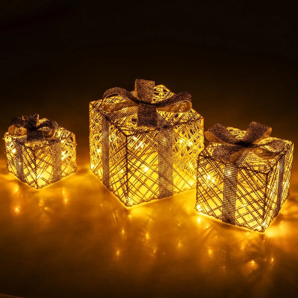 Costway Sada 3 dárkových krabiček LED s 48 Teplými bílými LED světly