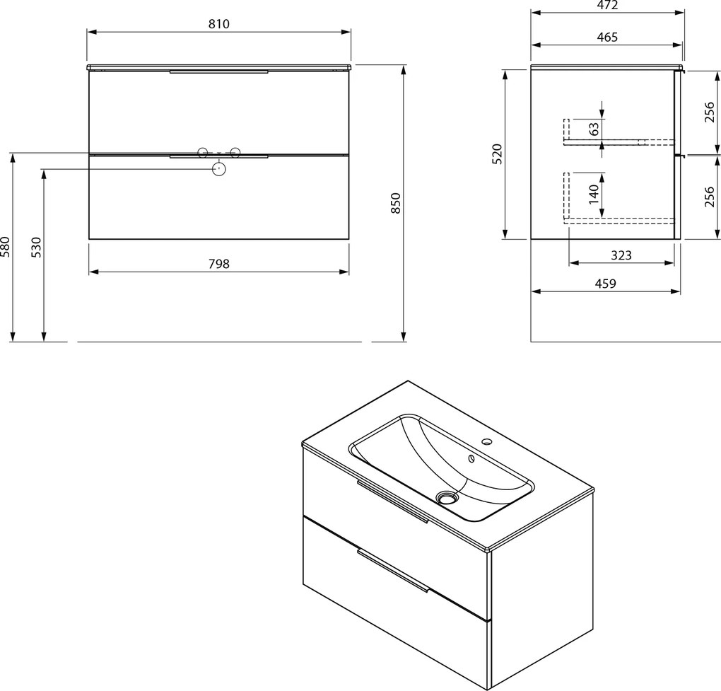 Sapho Cirasa koupelnová skříňka pod umyvadlo 79,8 x 52 x 46 cm černá carina strip CR801-4141S