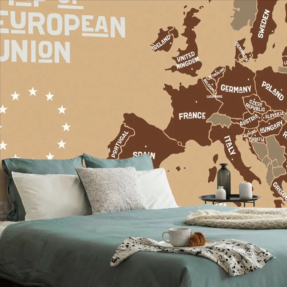 Tapeta hnědá mapa s názvy zemí EU - 225x150 cm