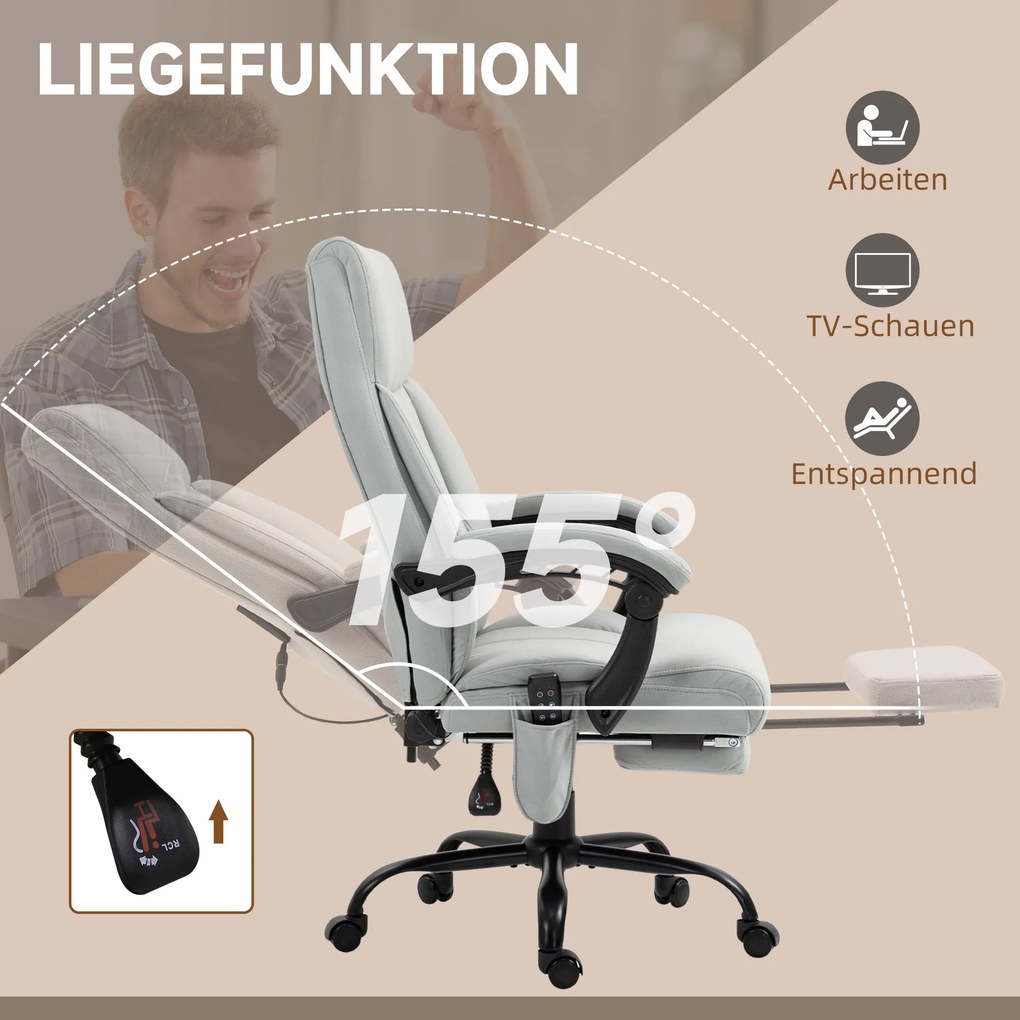 Masážní kancelářská židle Vinsetto s funkcí polohování ergonomická kancelářská židle výškově nastavitelná manažerská židle s podnožkou světle šedá pr…