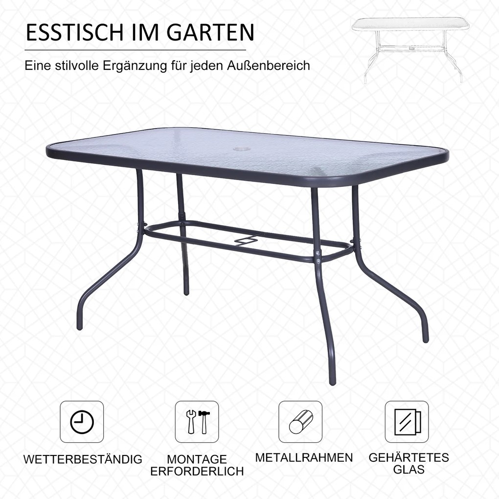 Outsunny Obdélníkový Zahradní Stůl s Zakřivenými Kovovými Okraji a Otvorem pro Slunečník, Temperované Sklo 70kg Kapacita 140x80x70 cm Tmavě Šedá