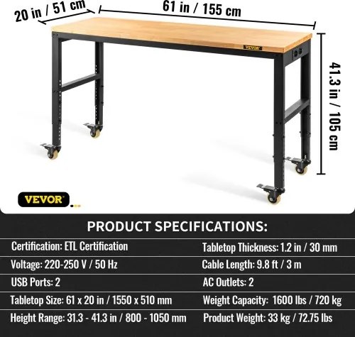 Pracovní stůl Nastavitelná výška, 155 × 51 cm Garážový stůl s výškou 80 – 105 cm