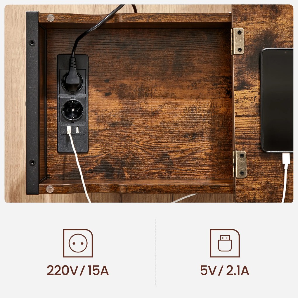 Vasagle Odkládací stolek se zásuvkami a USB porty, rustikální hnědá LET311B01