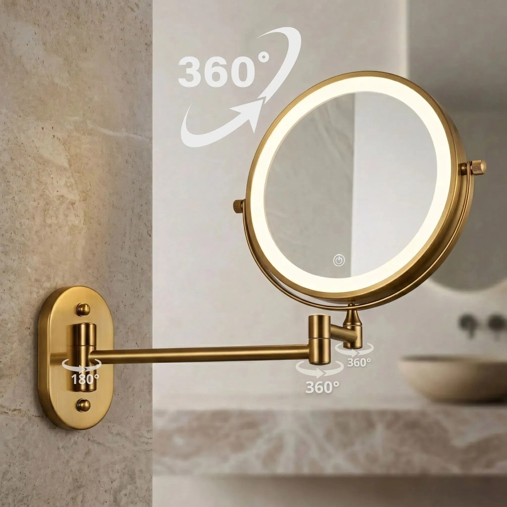 Rea Kosmetické zrcadlo ⌀20 cm s regulovatelným LED osvětlením HOM-70001 Gold Old - kartáčovaná zlatá