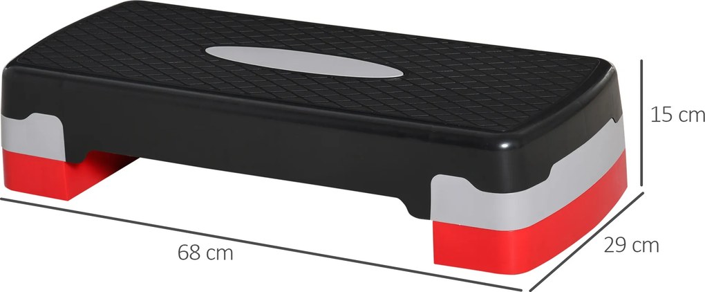 HOMCOM Stepping Board Aerobic Fitness s nastavitelnou výškou (10/20 cm), cvičební kolo Stepper, černá+šedá+červená, 68x28x15cm