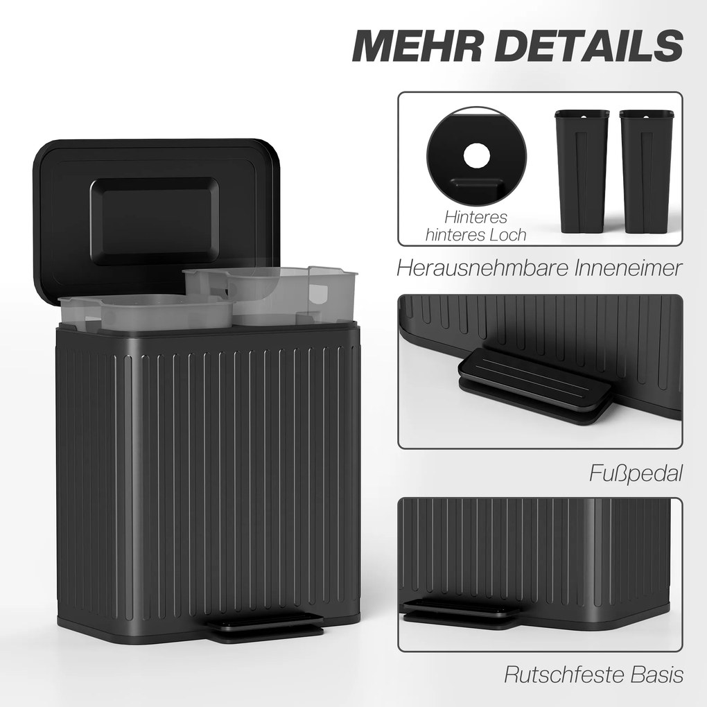 Kuchyňský odpadkový koš, 2 přihrádky po 20 l, efektivní třídění odpadu, nožní pedál, plast, kov, černý