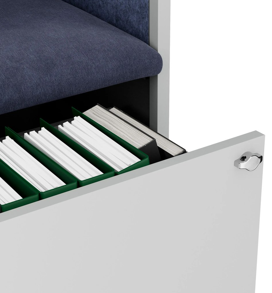 Kancelářská akustická kabina se sedátkem a USB-C portem, korpus šedý / sedák námořnická modrá, 1150 mm: SALLY MentalBox