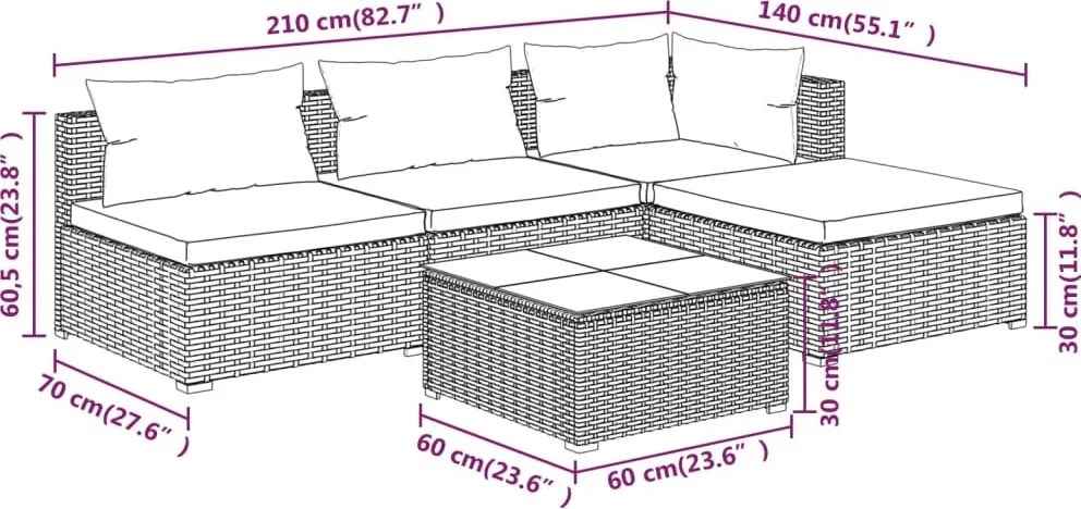 vidaXL 5dílná zahradní sedací souprava s poduškami polyratan [3101619] Barva: Šedá a tmavě modrá