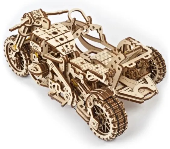 Ugears - 3D dřevěné mechanické puzzle Motorka scrambler s vozíkem