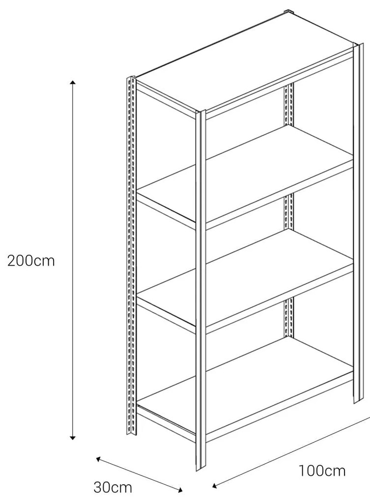 Bezšroubové kovové regál 200x100x30cm T profil, 4 police