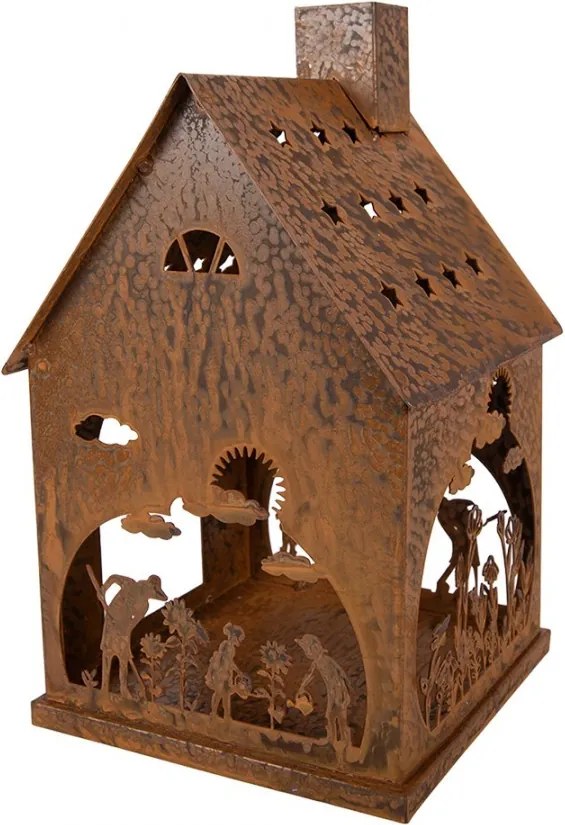 Rezavý svícen ve tvaru domku s dekorem Rustic Charm - 17*17*28 cm