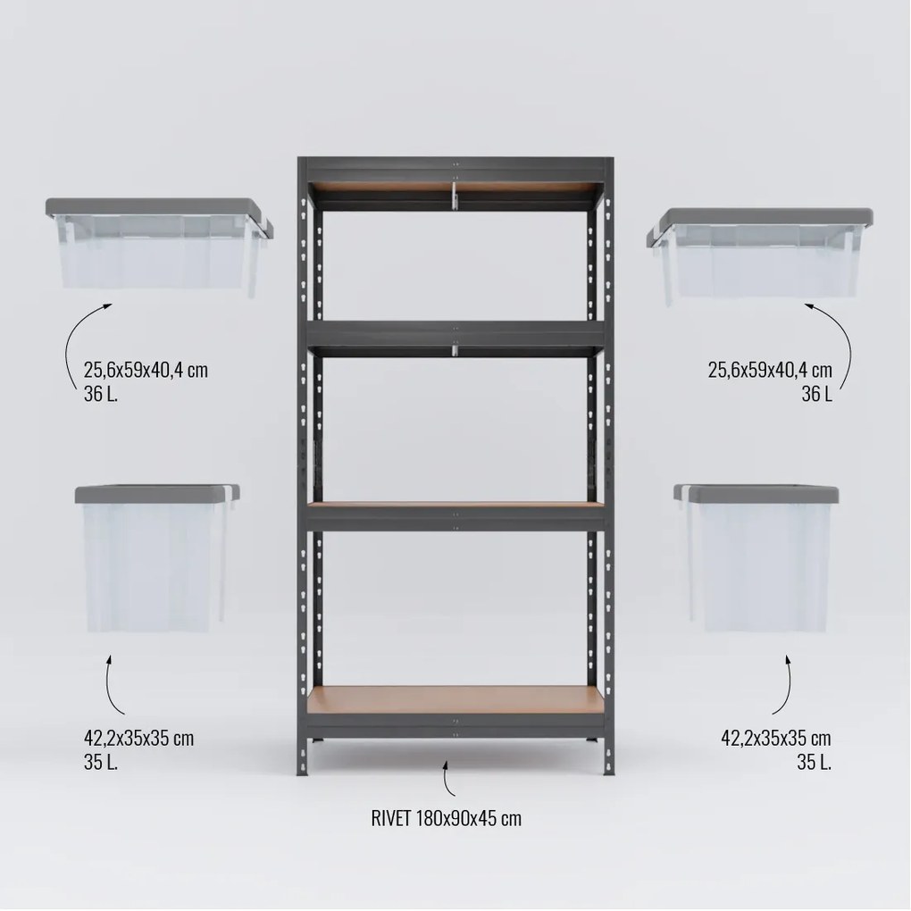 Régal RIVET PACK 180x90x45cm s plastových úložných boxů