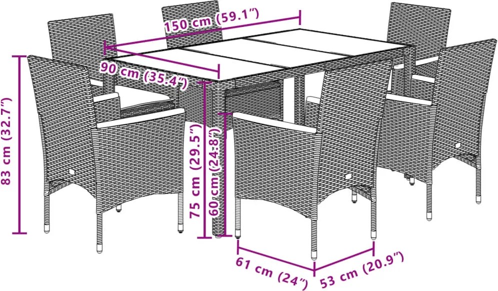 7dílný zahradní jídelní set s poduškami šedý polyratan a sklo 3278654