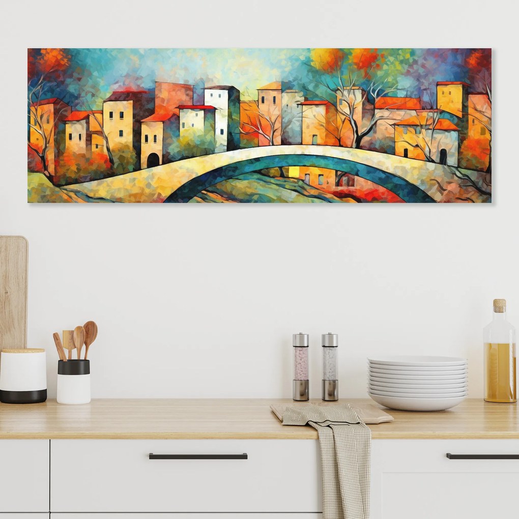 Obraz na plátně - Staré Rossano s řekou a mostem FeelHappy.cz Velikost obrazu: 210 x 70 cm
