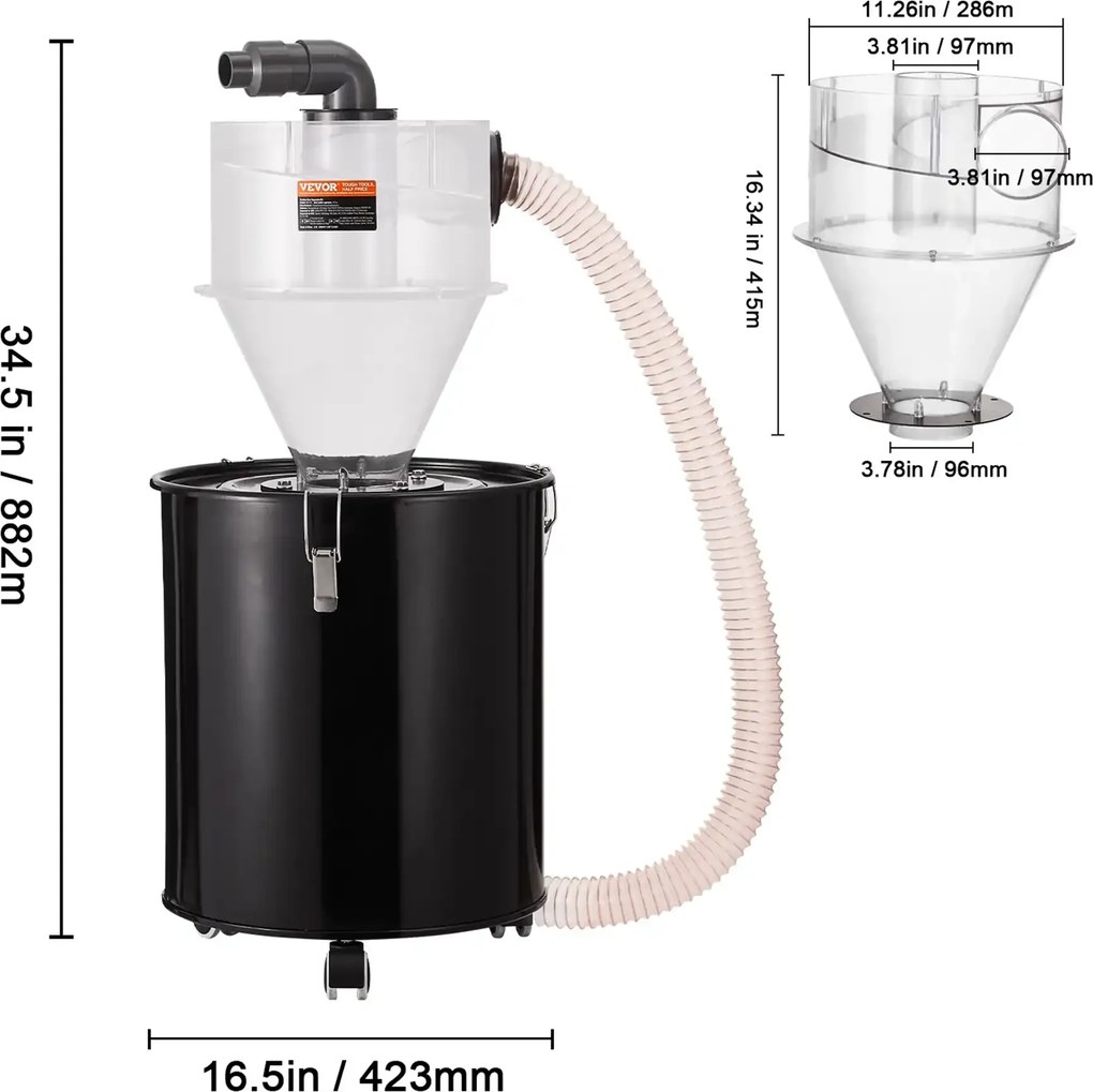 Cyklónový odlučovač prachu s kovovou nádrží, 4palcový cyklónový odlučovač pro dodatečné vybavení odlučovačů prachu VEVO 3569 | černá
